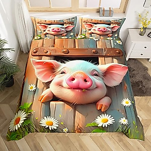Manfei Cute Pig Duvet Cover Set King Size, Farm Animal Theme Bedding Set for Kids Boy Girl Room Decor, Retro Wooden Barn Door Comforter Cover, Soft Polyester Quilt Cover, 2 Pillowcases, No Comforter