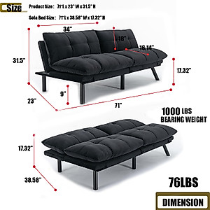 71" Velvet Futon Couch Bed with Mattress Included,Convertible Folding Sleeper Sofa Bed with Adjustable Backrests,Modern Loveseat Sleeper for Living Room Bedroom Small Space Home Office (Black-1)