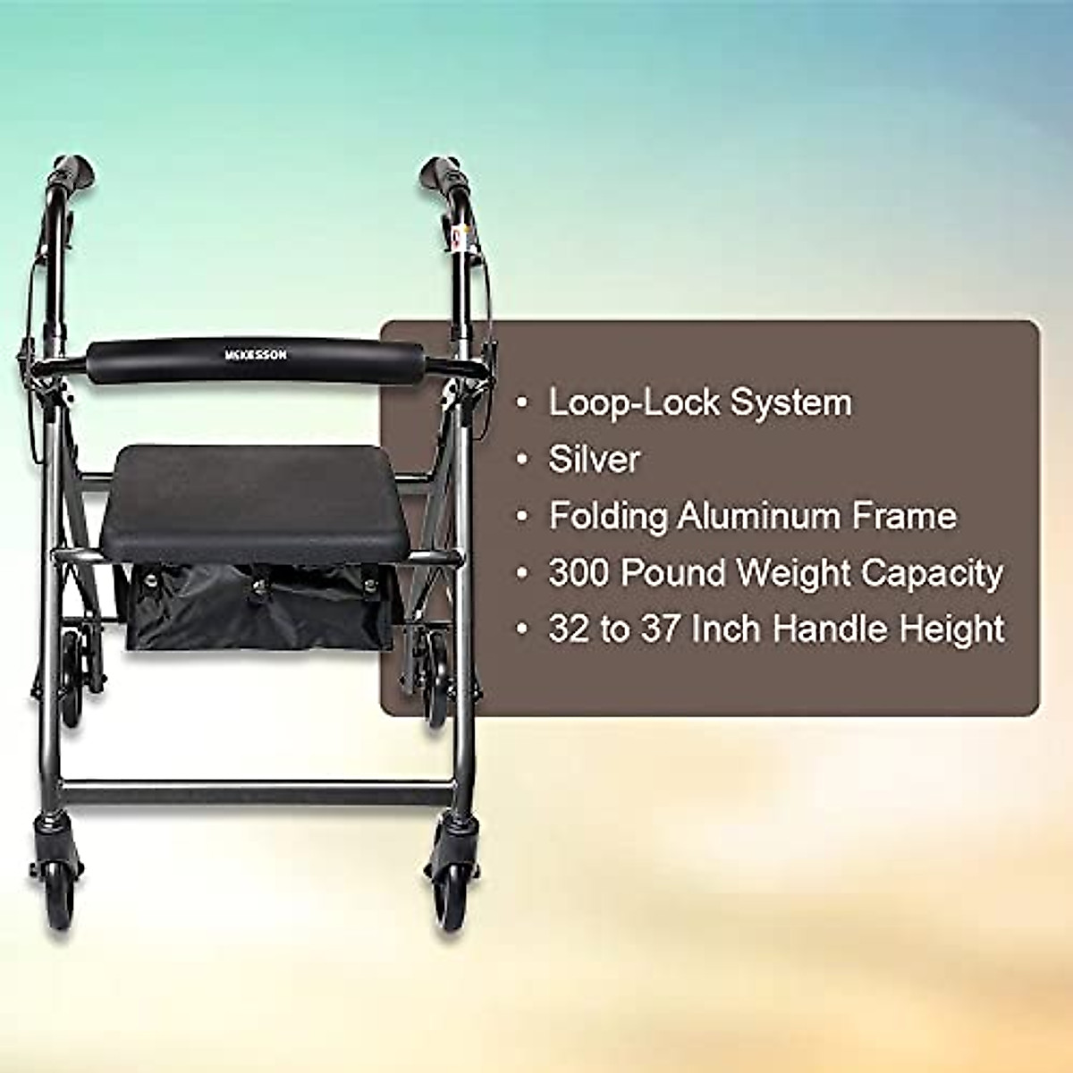 McKesson Rollator Walker with Seat and Wheels, Lightweight, Aluminum, 300 lbs Weight Capacity, Silver, 1 Count