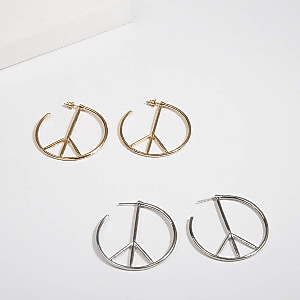 Peace Sign Symbol Geometric Stud Earrings Jewelry Minimalist Big Round Hoop Statement Earrings for Women (Gold)