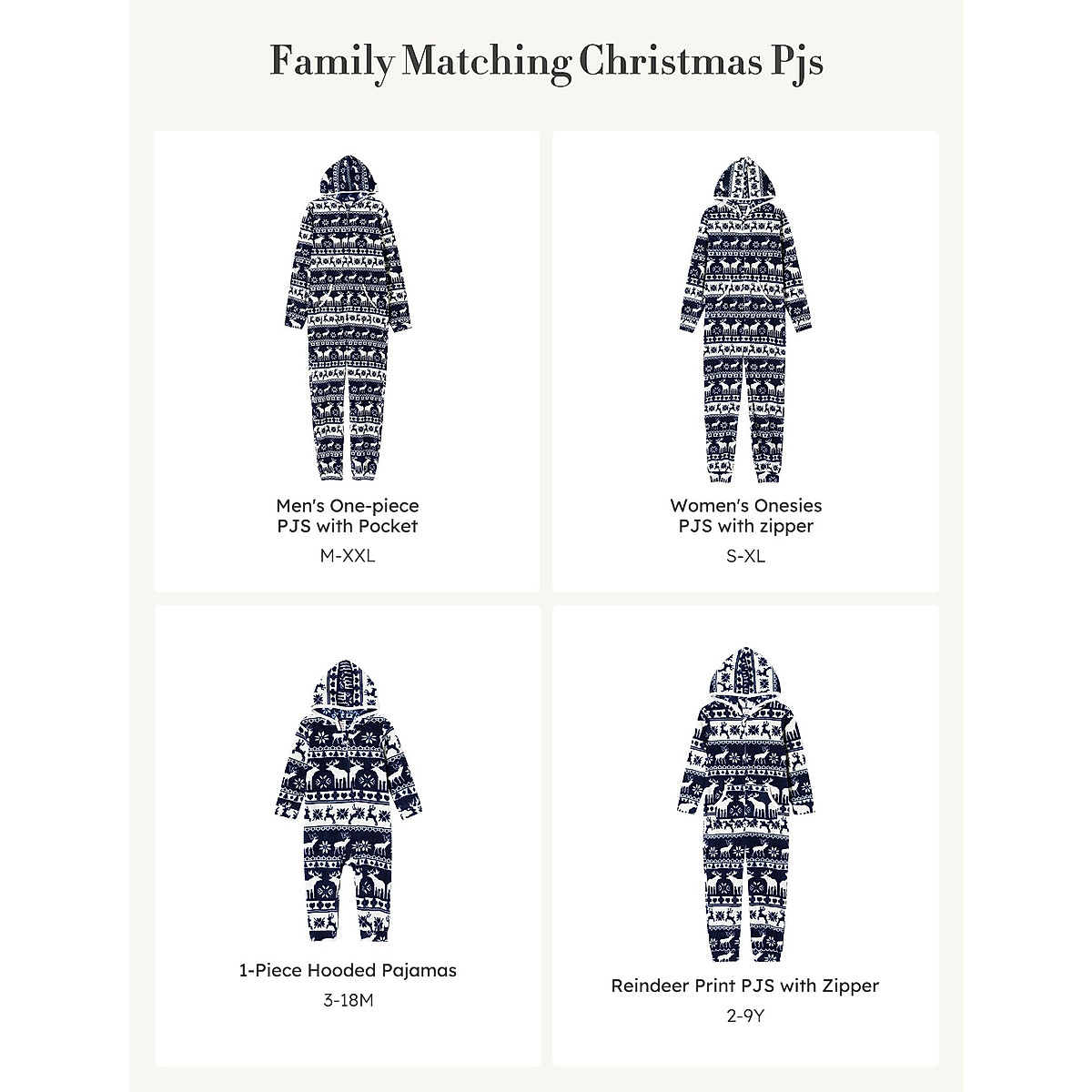 PATPAT Matching Christmas Pajamas for Family Vacation Cute Print One-Piece Navy Pajamas Hooded Sleepwear Reindeer snowflake Nightwear With hat Women L