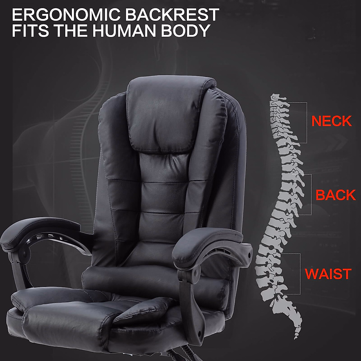 Office Chair Swivel Ergonomic Executive Computer Task Desk Seat Chairs Black Faux Leather Comfortable and Adjustable