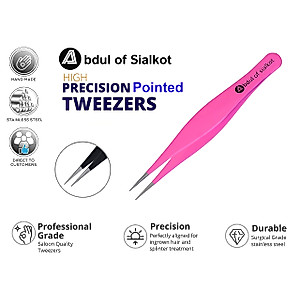 Abdul of Sialkot Pointed Tweezers,Needle Nose Tip, Sharp Precision Ingrown Hair, Surgical Pointed for Blackheads & Splinters/Best Tweezers for Eyebrows (Pink)