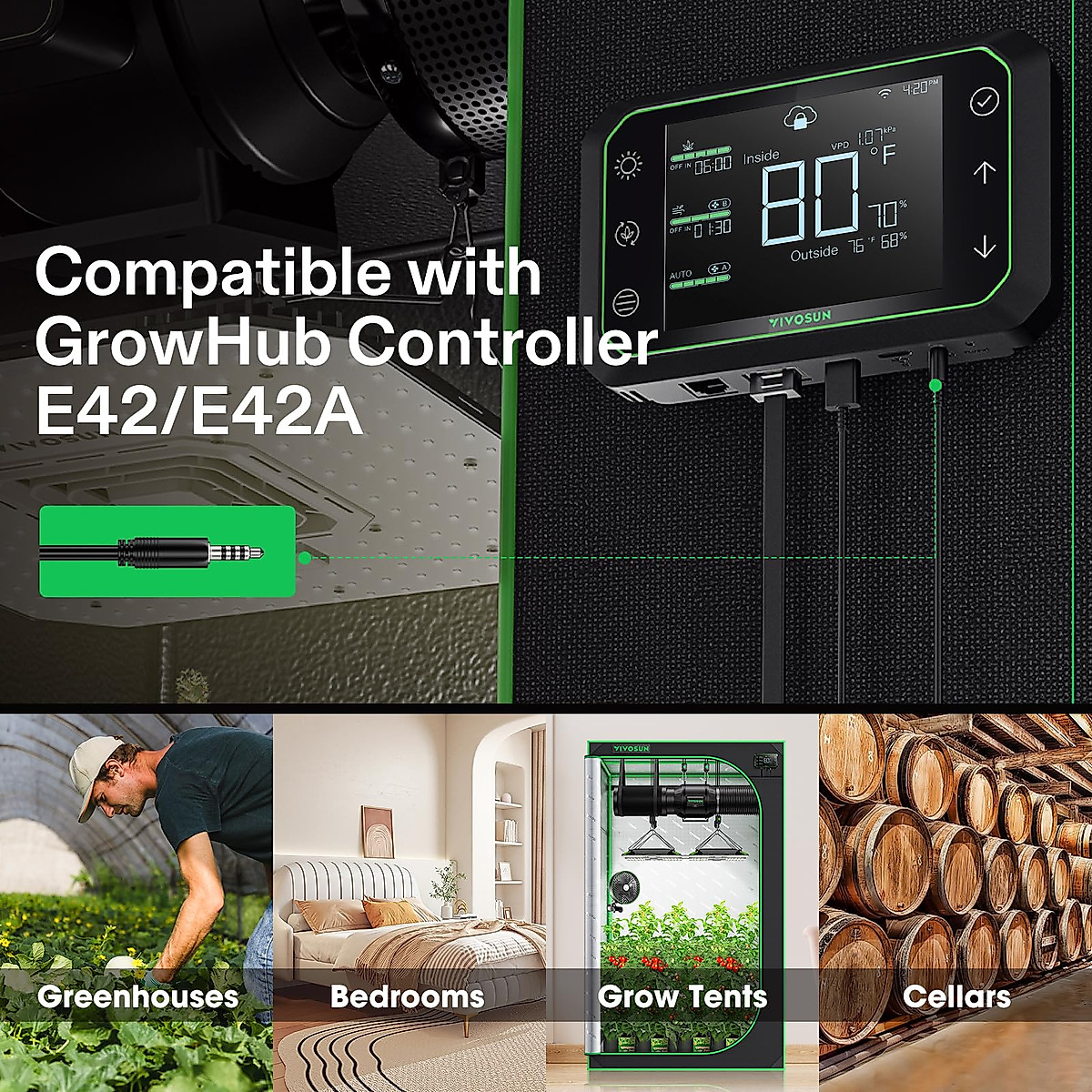 VIVOSUN Temperature & Humidity Sensor Probe, Waterproof Stainless Steel Environmental Monitoring Probe for GrowHub Controller E42/E42A, AeroLab THB1/THB1S, 12ft