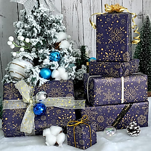MAMUNU Christmas Wrapping Paper Roll, Navy Blue and Brown Kraft Gift Wrapping Paper Jumbo Roll, Snowflake Recycle Christmas Wrapping Paper for Gift Wrapping Arts Crafts Decorations, 17x590 Inch.