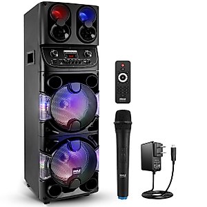 Pyle Portable Bluetooth PA Speaker - 600W Dual 10” Rechargeable Indoor/Outdoor BT Karaoke Audio System -LED Display, FM/AUX/MP3/USB/SD, 1/4" in, Handle, Wheels -Wireless Mic, Remote Control