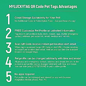 MYLUCKYTAG Stainless Steel QR Code Pet ID Tags Dog Tags - Pet Online Profile - Scan QR Receive Instant Pet Location Alert Email