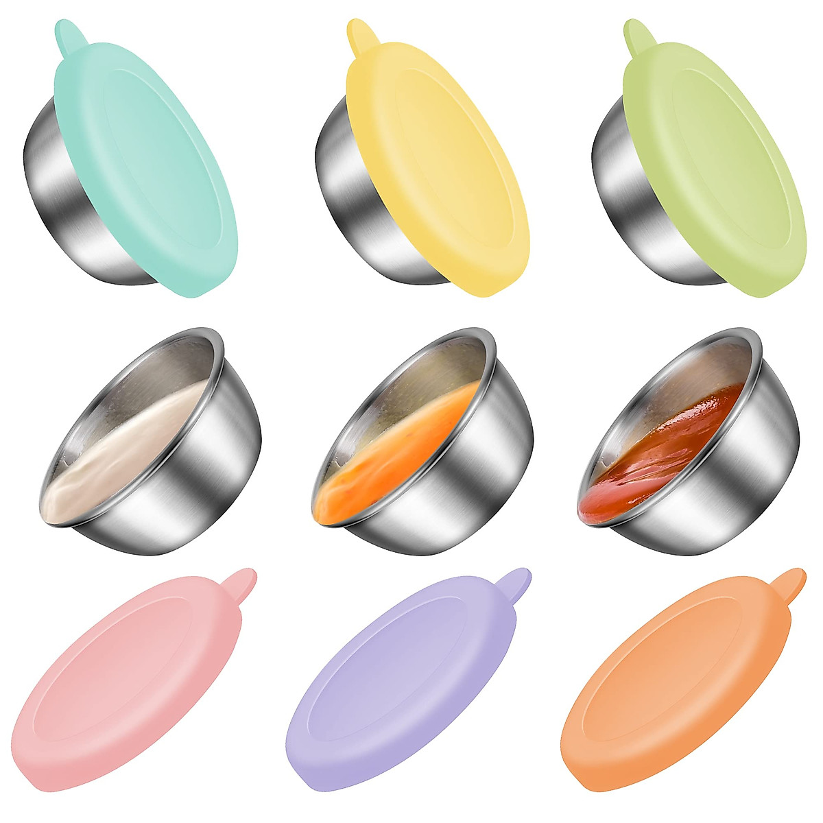 Homotte Salad Dressing Container To Go, 6x1.6 oz Small Containers with Lids, Reusable Sauce Containers for Lunch Box, 18/8 Stainless Steel Condiment Cup, Easy to Open, Leakproof Dipping Sauce Cups