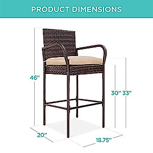 Best Choice Products Set of 2 Wicker Bar Stools, Indoor Outdoor Bar Height Chairs w/Cushion, Footrests, Armrests for Backyard, Patio, Pool, Garden, Deck - Brown