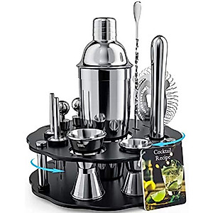 Bokhot Bartender Kit, 14 Piece Cocktail Shaker Set Stainless Steel Bar Tools with Rotating Stand, 25 oz Shaker Tins, Jigger, Spoon, Pourers, Muddler, Strainer, Tongs, Bottle Stoppers, Opener, Recipes