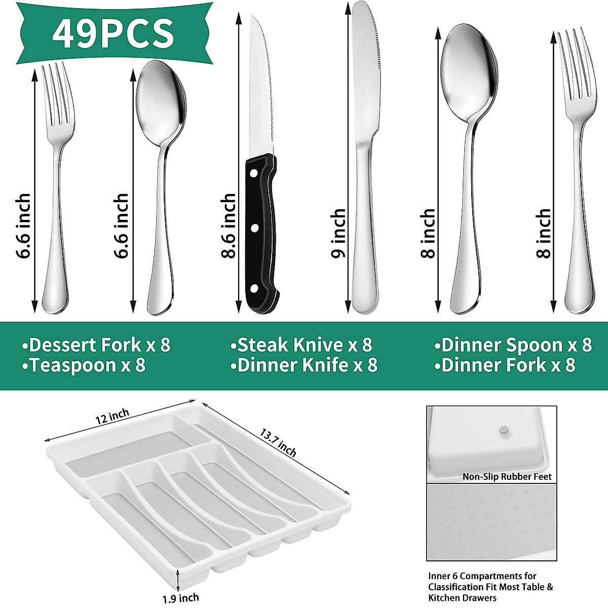 49PCS Silverware Set with Organizer, Durable Stainless Steel Flatware Drawer Cutlery Set for 8, Kitchen Utensils with Steak Knives Mirror Polished Dinner Knife Forks Spoons Tableware Service Tray
