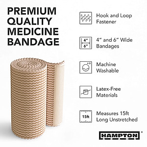 (6 Pack) Elastic Bandage Wrap | Self Closing Latex-Free Cotton Compression Bandage (4” & 6” Wide Rolls) w/Hook and Loop Closure | Elastic Tape Rolls for Medical, Sports, Sprains, Calf, Ankle & Foot