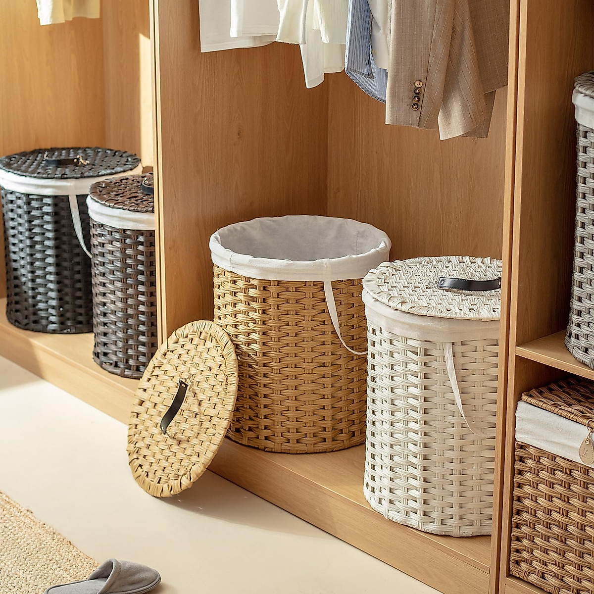 KUREEISE Laundry Basket with Lid, Handwoven Rattan Laundry Hamper, No Install Needed, 26.5 Gal (100L) Round Clothes Hamper with Removable Bag & Handles, Foldable Storage Basket