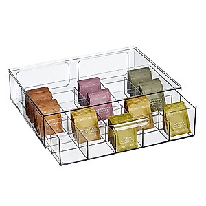 mDesign Divided Plastic Tea Organizer Bin with Drawer - Stackable Tea Bag Holder for Kitchen, Pantry, and Cabinet - Caddy with Small Dividers - 20 Sections - Lumiere Collection - 2 Pack - Clear