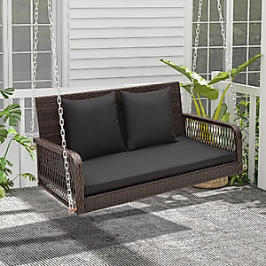 Tangkula Wicker Outdoor Porch Swing, 800 LBS Capacity Outdoor Swing Bench with Hanging Chains, Back and Seat Cushions, 2-Seater Hanging Patio Bench for Deck, Garden, Yard (Black)