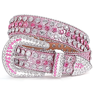 WERFORU Women Western Rhinestone Studded Leather Belt Cowgirl Bling Waist Belt for Jeans Dress, Pink,Fit Waist Size 27-31 Inches