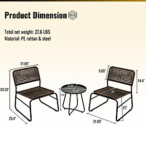 3 Piece Patio Furniture Set, 3 Pieces Patio Bistro Set, Front Porch Chairs Conversation Set, Outdoor Rattan Furniture with Round Table and 2 Armchairs for Lawn, Garden, Pool, Backyard, Black