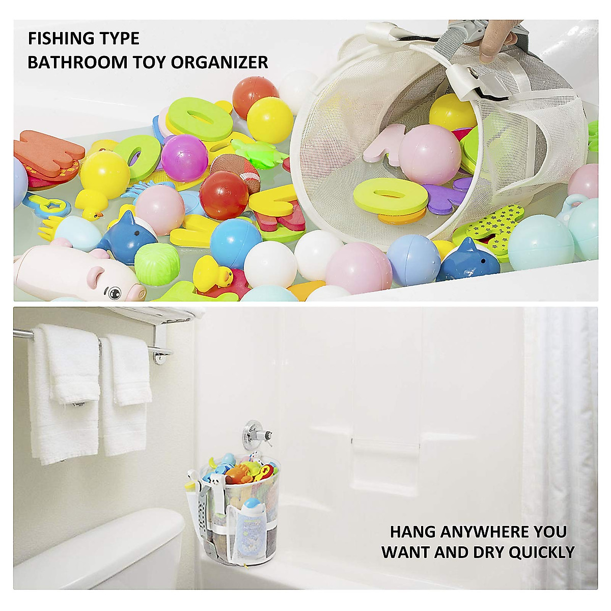Quick Scoop Mesh Bath Toy Organizer for Tub with YKK Zipper，Multiple Ways to Hang, Ultra Large Capacity & Large Opening, Bathroom Toy Holder, Baby Bath Toys Storage Bag with 2 Side Pockets (White)