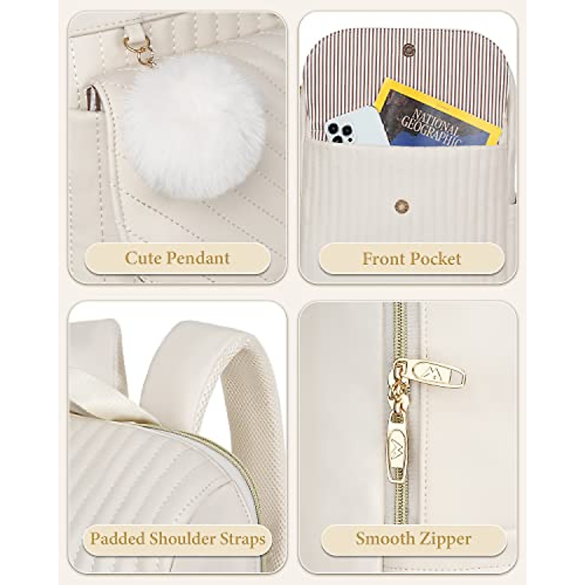 MATEIN Quilted Laptop Backpack for Women, 15.6 Inch Convertible Soft Leather Backpack Purse, Jewelry Travel Organizer for Women, Tangle Free Portable Leather Jewelry Storage Roll Bag