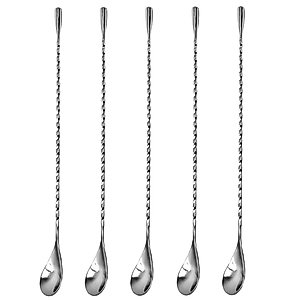 Hoshen 12 Inch Stainless Steel Long-Handled Spiral Twisted Spoon, Cocktail Mixing Spoon - 5 PCS