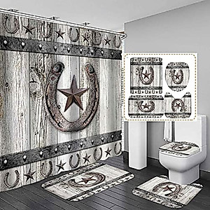 Dia Magico 4PCS Western Shower Curtain Set, Brown Texas Star Horseshoe White Barn Door Barn Star Country Rustic Farmhouse Bathroom Decor, Waterproof Fabric Shower Curtain, Non-slip Bath Mat Toilet Rug