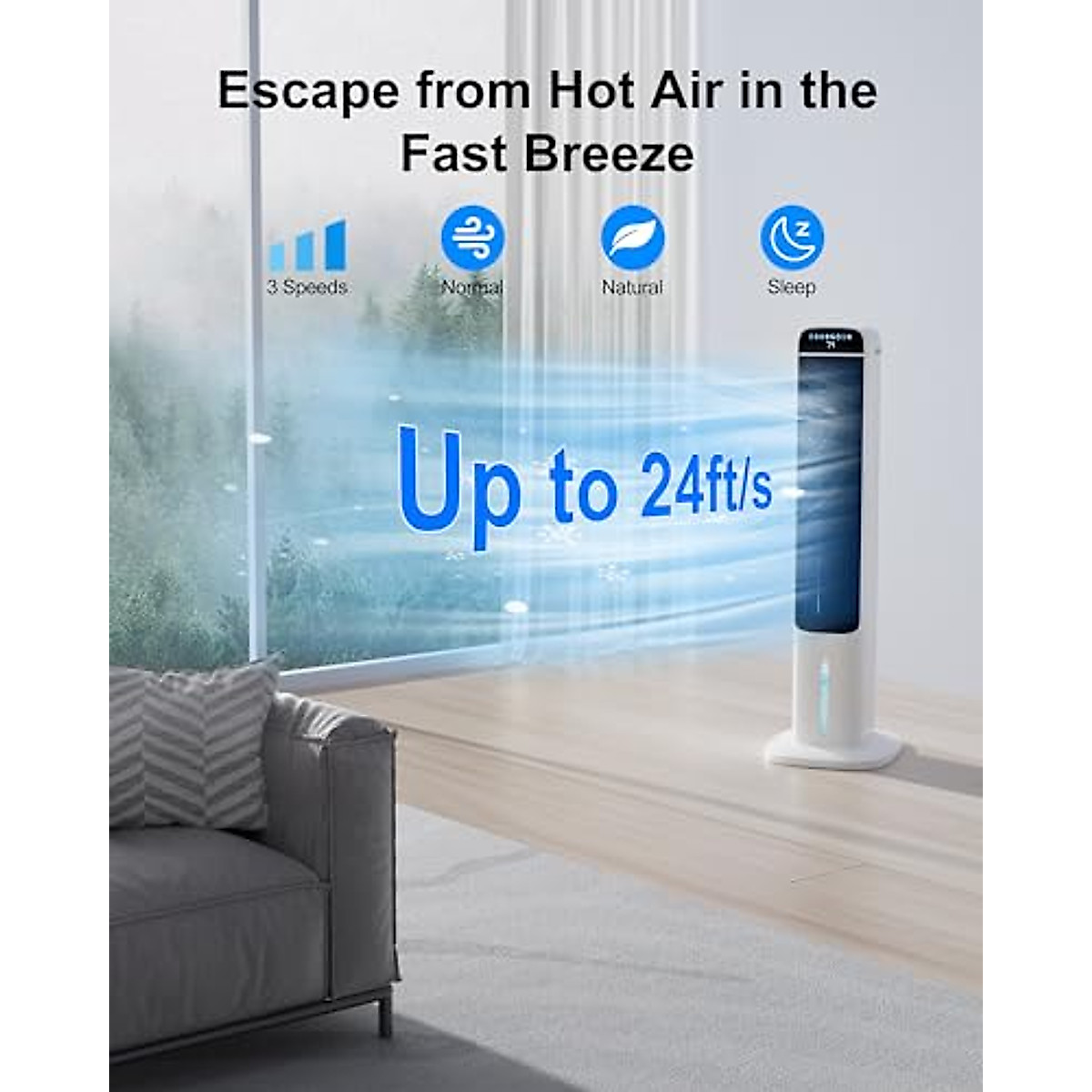 Uthfy 41" Swamp Cooler, Evaporative Air Cooler With 4 Ice Packs And Remote, 80° Oscillation 3 Speeds 3 Modes, Cooling Fan That Blow Cold Air, Bladeless Tower Fan For Bedroom Home Office