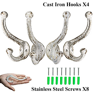 Sopicoz Set of 4 Cast Iron Coat Hooks Farmhouse Vintage White Hooks, Heavy Duty Rustic Wall Mounted Hooks for Hanging