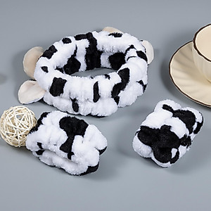 Miroksh Plush Wash Face Headband Cow Print Spa Wrist Band Cuffs Hair Scrunchy Women Girls Facial Makeup Skincare Bath Head Wrap Kids Costume Party Supply Birthday Gift