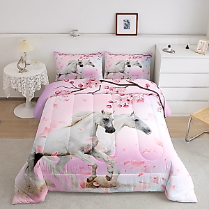 Manfei Farmhouse Horse Kids Comforter Set Twin Size,Sakura Cherry Blossom Romantic Bedding Set,Girls Boys Women Room Decor,Flowers Animals Rustic Down Comforter,Pink Dreamy Duvet Insert,1 Pillowcase