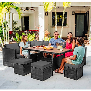Nestl Outdoor Dining Set - 7 Piece Wicker Patio Set with Outdoor Dining Table, Outdoor Sectional Sofa and 3 Ottomans, Outdoor Patio Furniture, Patio Sectional, Patio Table and Chairs Set (Grey/Grey)