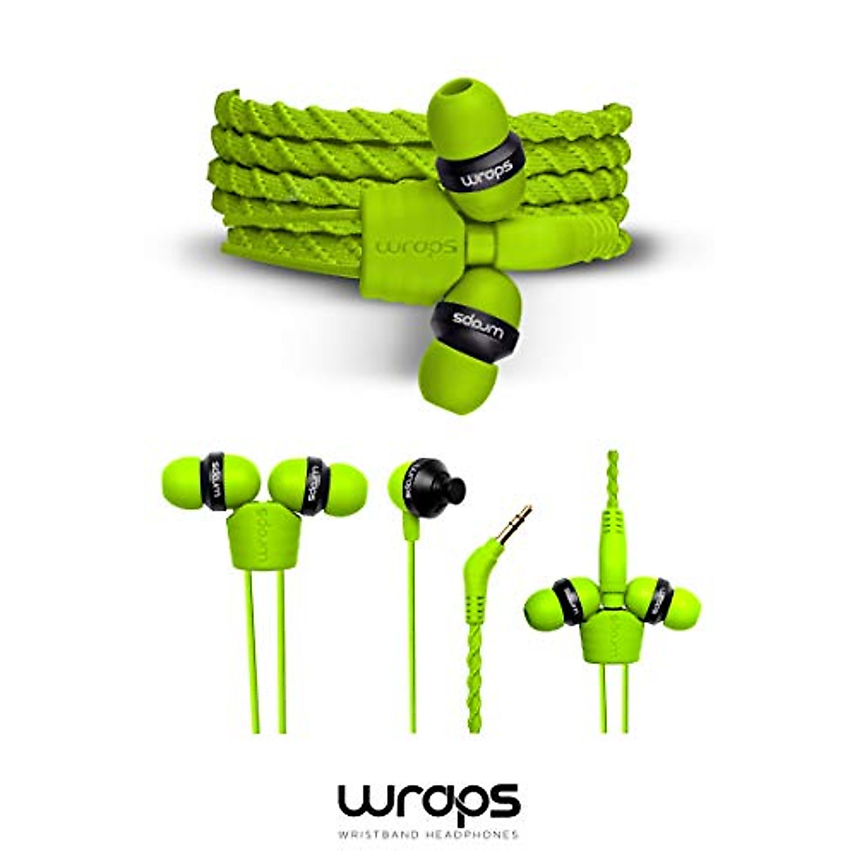 Wraps Wearable Braided Wristband Headphone Earbuds, Classic Green (WRAPSCGRN-V5)