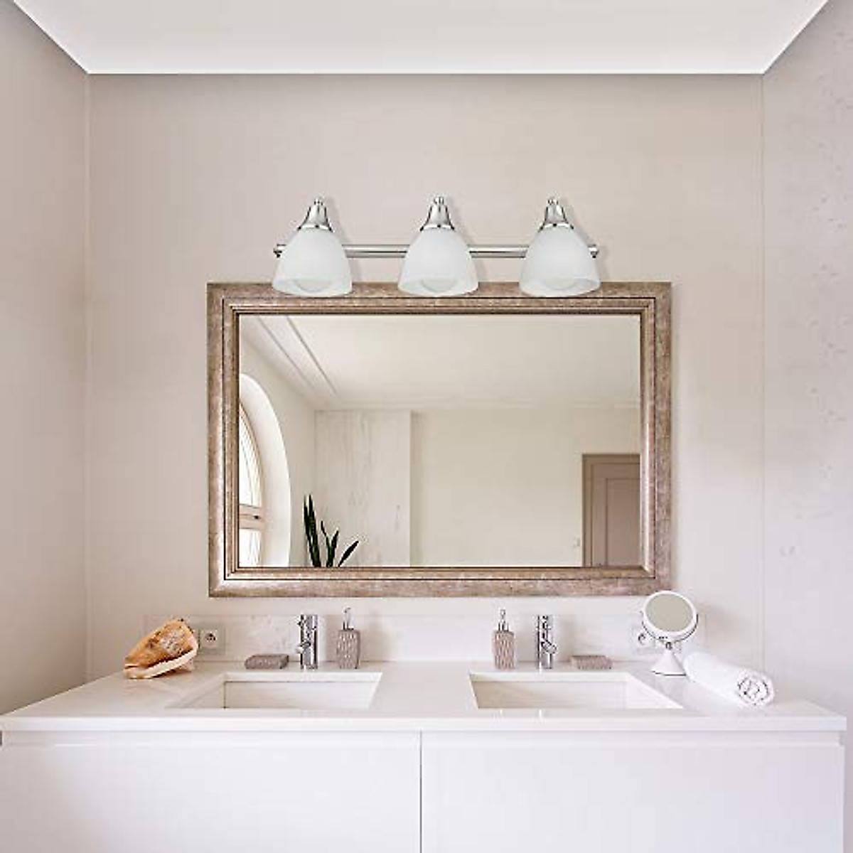 Globe Electric 50700 5-Piece Bathroom Accessory Set, with Vanity, Brushed Steel, 3-Light Vanity Light, Frosted Glass, Towel Bar, Toilet Paper Holder, Towel Ring, Robe Hook, Home Improvement