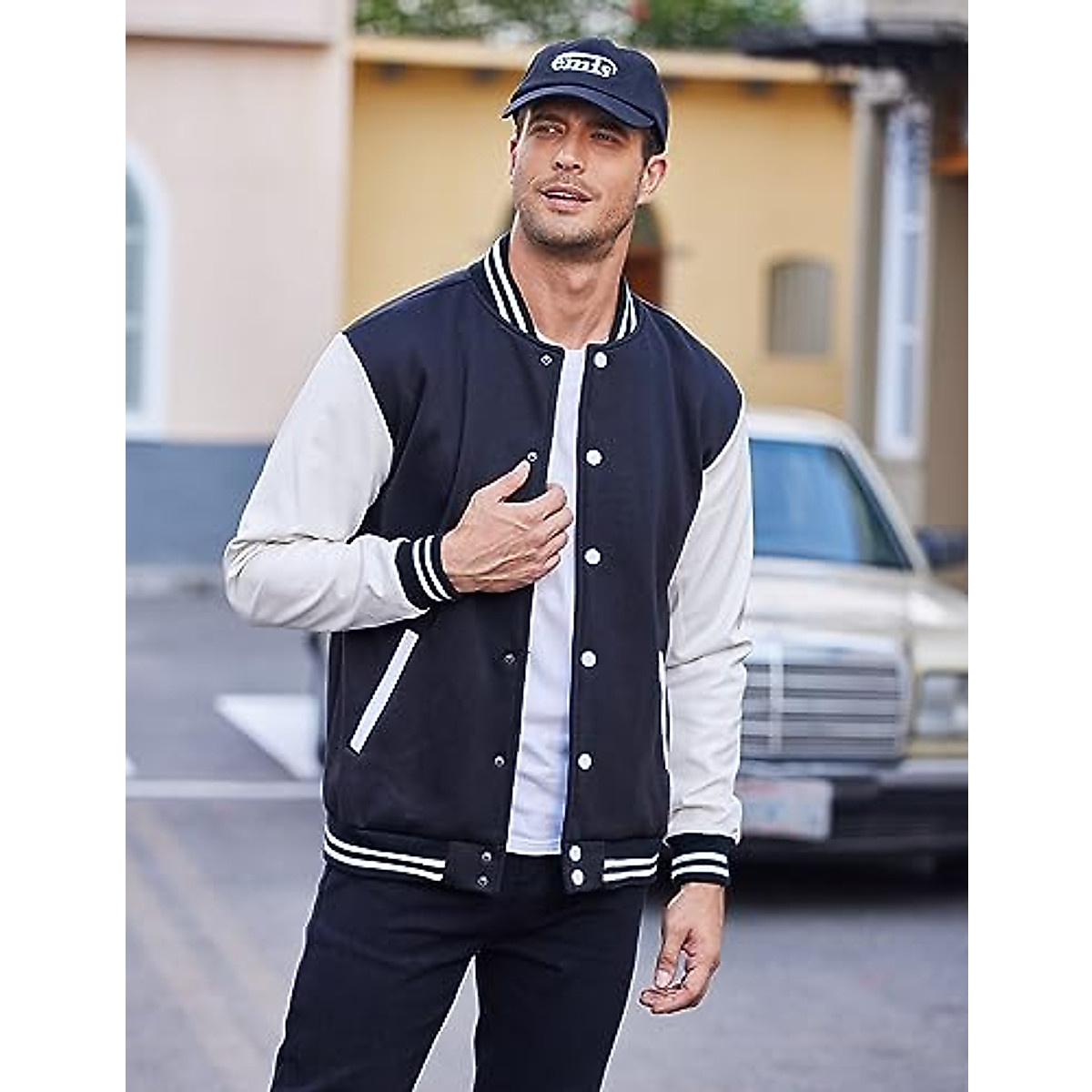 COOFANDY Mens Streetwear Varsity Jacket Letterman Jackets Baseball Bomber Wool Faux Leather Coats Navy Small