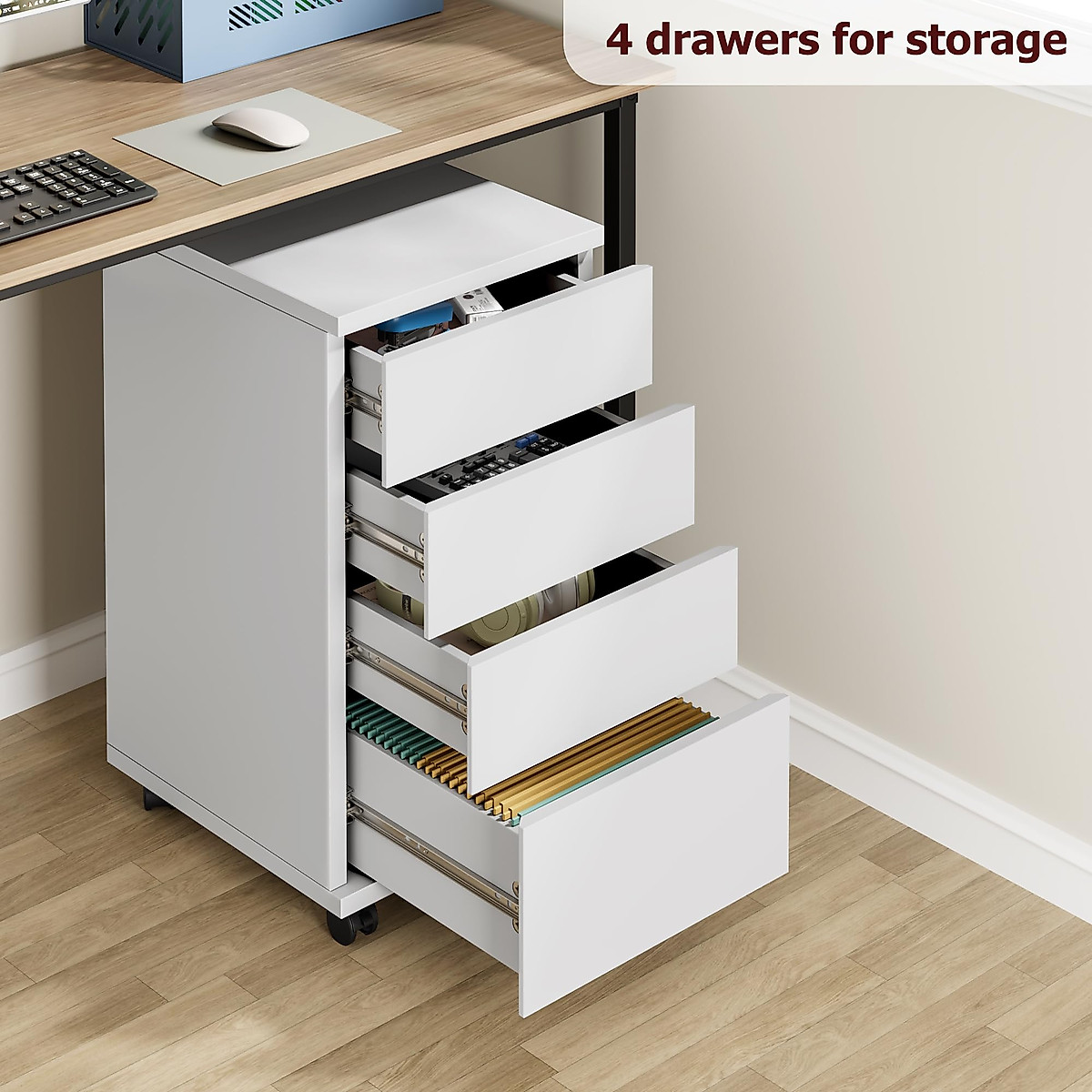 BOTLOG Mobile File Cabinet, 4-Drawer Filing Cabinet with Wheels, Rolling Pedestal Under Desk for Home Office Legal/Letter/A4 Size White
