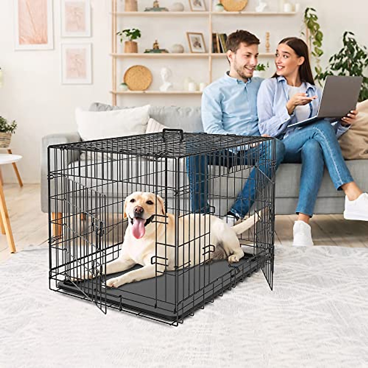 30/36/42Inches Double Door Dog Crate Folding Metal Wire Dog Kennel Cage with Tray for Small/Medium/Large Dogs Indoor Outdoor Travel Use