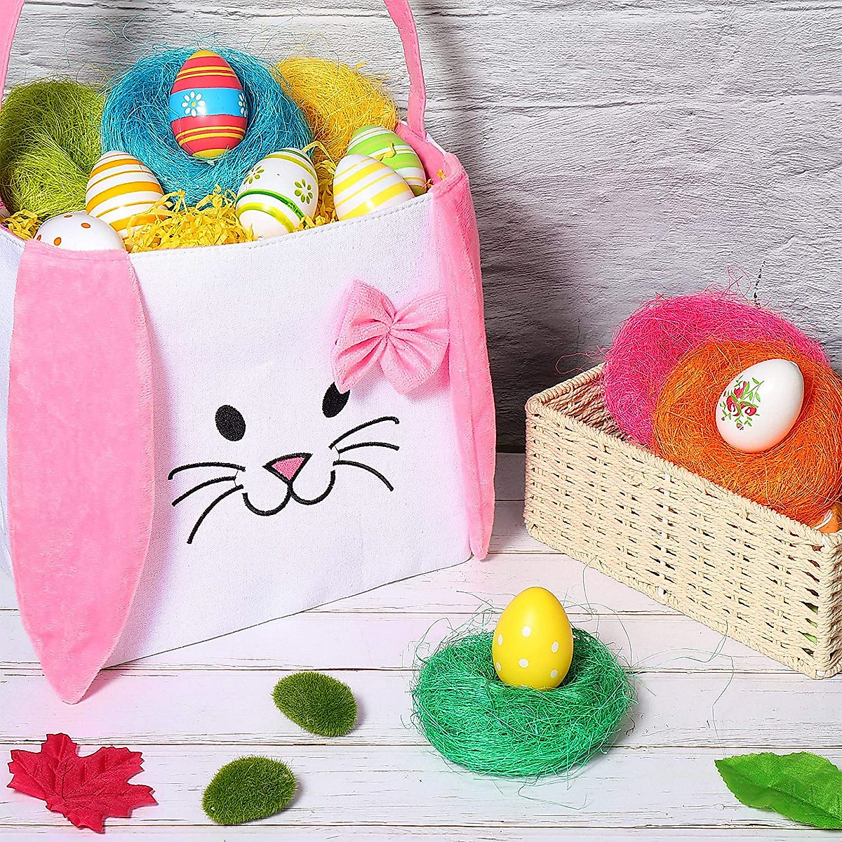 NUFR 2 Pcs Easter Bunny Basket Egg Bags, Easter Rabbit Canvas Tote Bag with Handle and Fluffy Ears for Kids Boys Girls, Easter Bunny Bag Bucket for Eggs Hunting, Candy, Pink+Blue