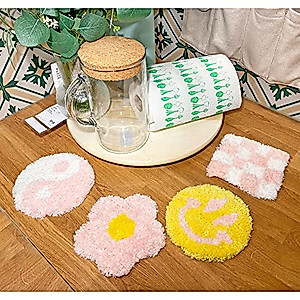 Coasters for Drinks, Handmade Preppy Tufted Pink Pastel Smily Face Rug Cute Aesthetic Home Room Decor Coffee Table Gift 4Pcs