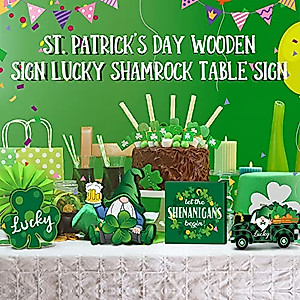 4 Pieces St. Patrick's Day Table Decor Wooden Sign Lucky Shamrock Table Sign Green Gnome Truck Table Centerpiece Freestanding Clover Letter Sign Table Decoration for Irish Holiday Party Decor
