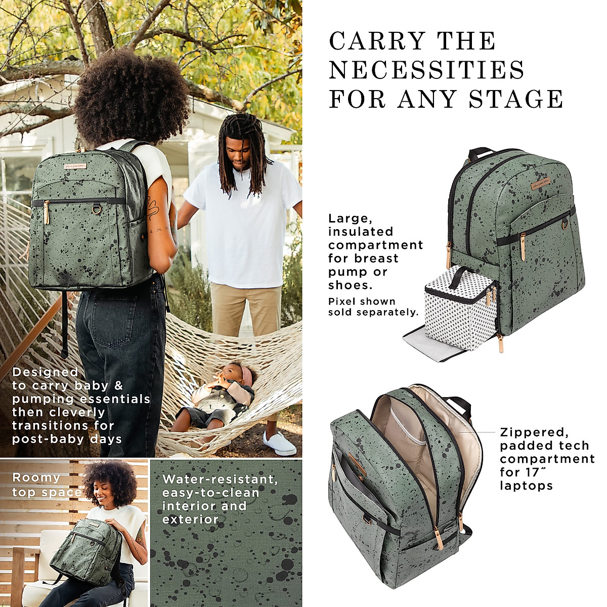 Petunia Pickle Bottom 2-in-1 Provisions Backpack | Designed for Busy Parents | Spacious Main Compartment for Carrying Essentials | Olive Ink Blot