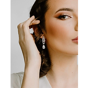 SWEETV Marquise Wedding Earrings for Women Brides Birdesmaids, Silver Crystal Cubic Zirconia Bridal Drop Earrings for Wedding Prom Jewelry