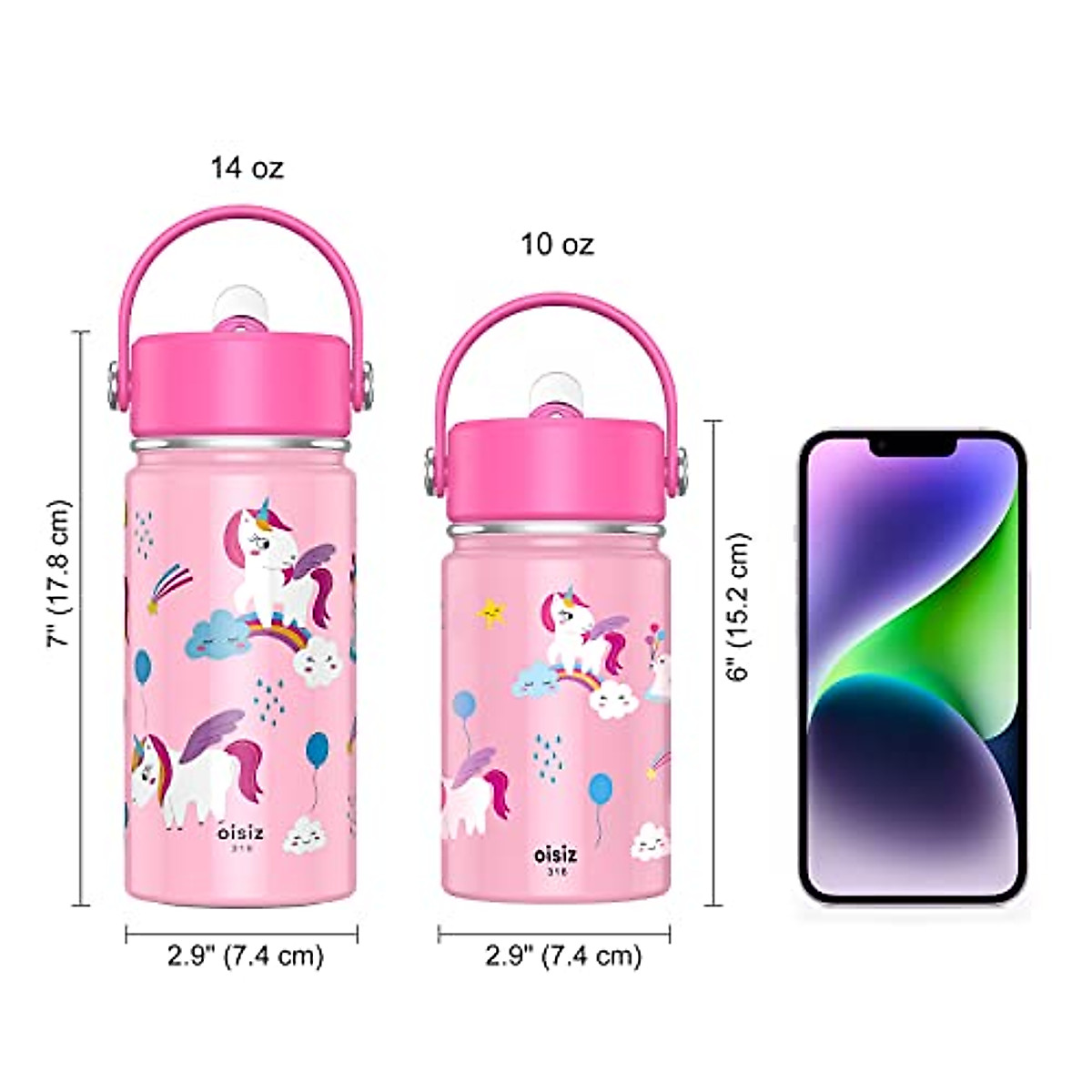 Oisiz Kids Water Bottle with Straw Lid 14oz, Vacuum Insulated 316 Stainless Steel Water Bottles for Kids for School, Leakproof Toddler Water Bottle, BPA Free and Keep Cold for 24 Hours