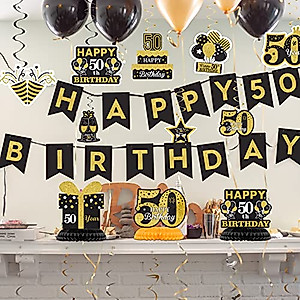 50th Glitter Black Gold Birthday Banner Party Decorations, Happy 50th Birthday Decorations Hanging Swirls Banner Honeycomb Centerpieces for Men Women Happy 50 Years Old Bday Party