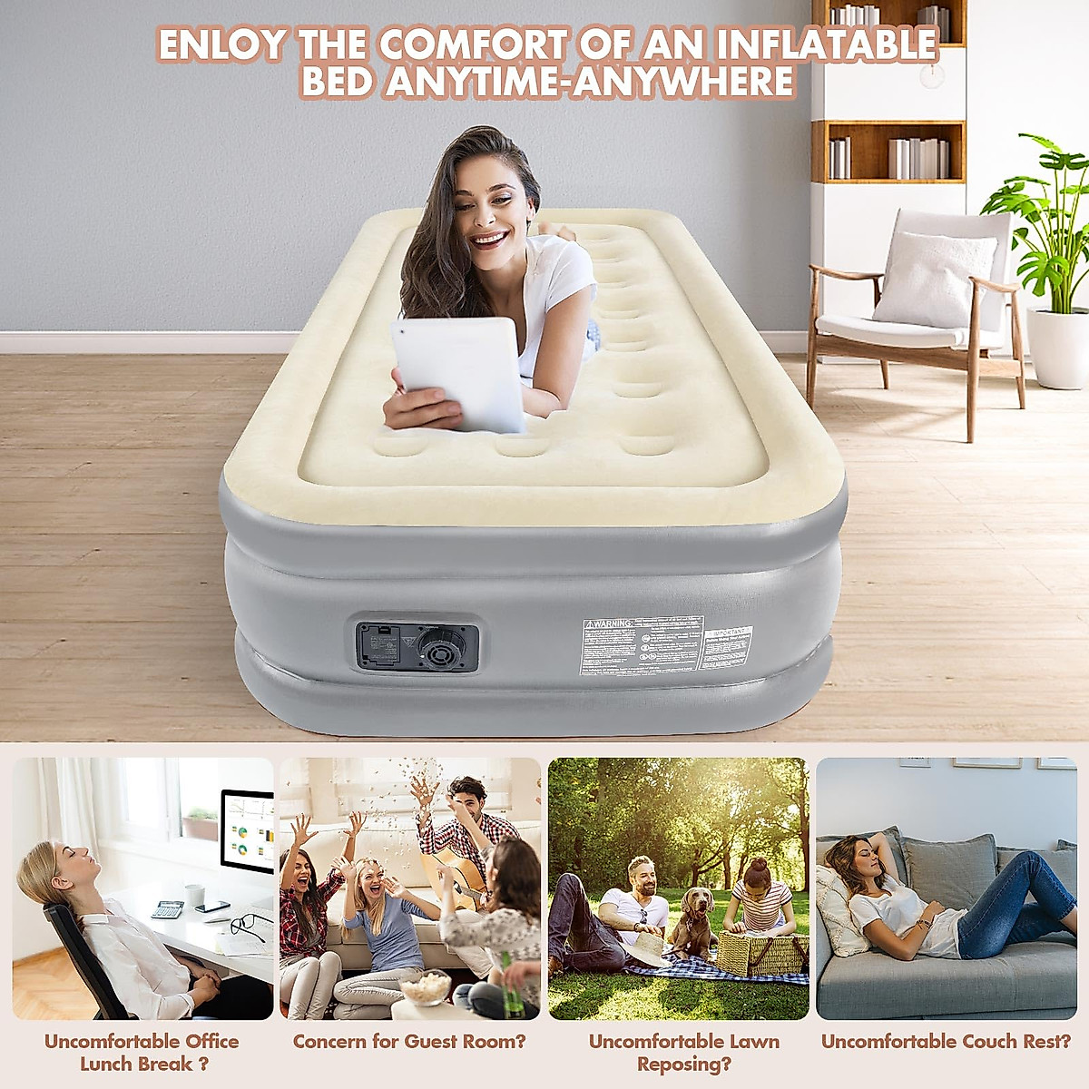 HOTOZON Twin Air Mattress with Built-in Pump, 18" Foldable Air Bed with Carry Bag, Luxury Elevated Inflatable Air Mattresses, Blow Up Airbed for Home, Camping & Guests, Grey