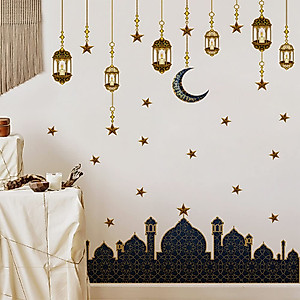 Ramadan Wall Decor Stickers, Islamic Muslim Wall Stickers Eid Mubarak Ramadan Decor Lantern Moon Star Window Decal Ramadan Decorations for Home Living Room Bedroom Decorations Wallpaper