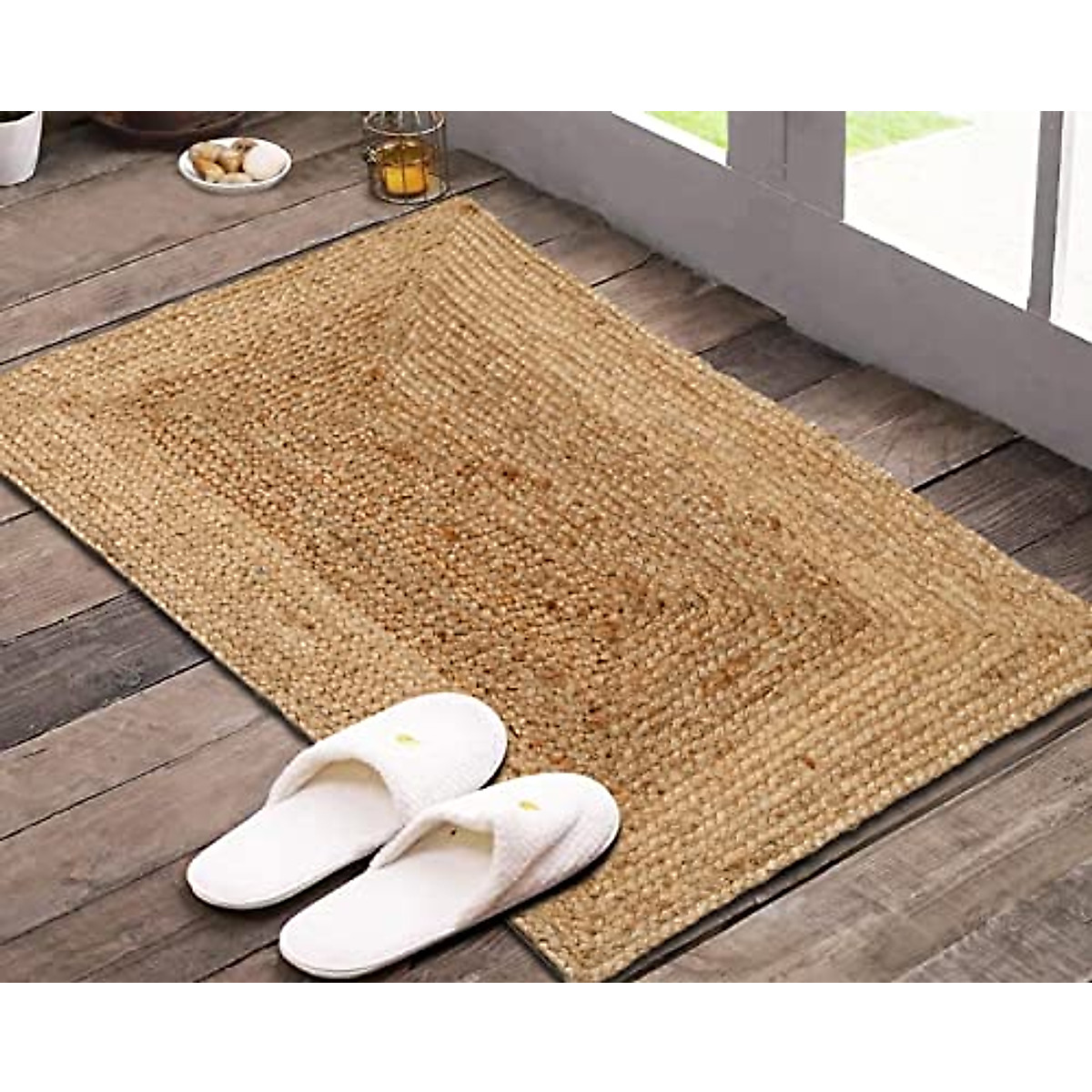 Bedding Craft Hand Woven Farmhouse 2x3 Ft Tightly Braided Chindi and Jute Rug 24x36 Natural – Reversible Durable Sustainable for Home Décor
