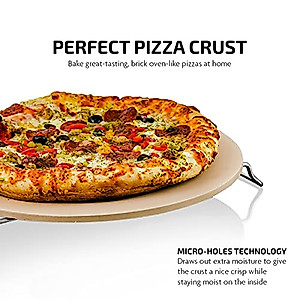 Ovente Ceramic Flat 13 Inch Pizza Stone Set with Crust Cutter Wheel & Metal Rack/Handle, Compact Easy Storage Portable Baking Grilling Stone Thermal Shock Resistance for Oven Grill BBQ, Beige BW10132