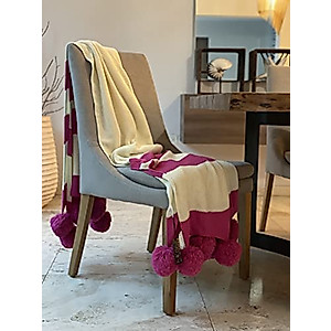 Knit Pink Throw Blankets for Couch- 50x60 Inches , Reversible Woven Cotton Striped Soft Throw Blanket for Bed with Pom Pink & Cream Full