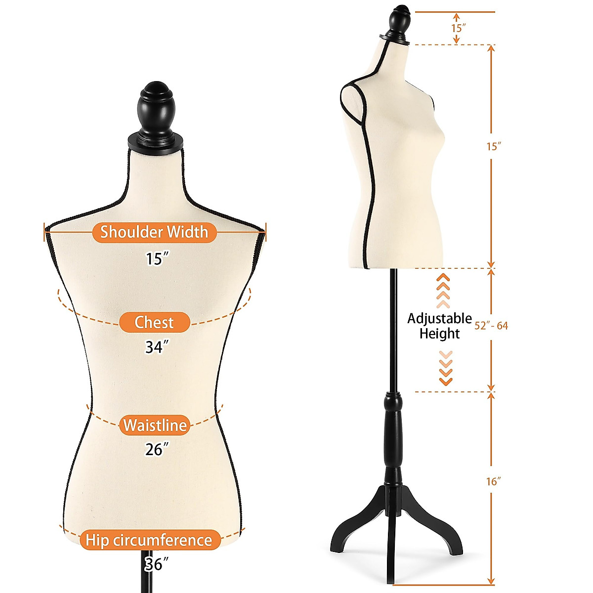 DRDINGRUI Female Dress Form,Sewing Mannequin Body, Torso Body with Tripod Wood Base for Clothes Display,Window Display