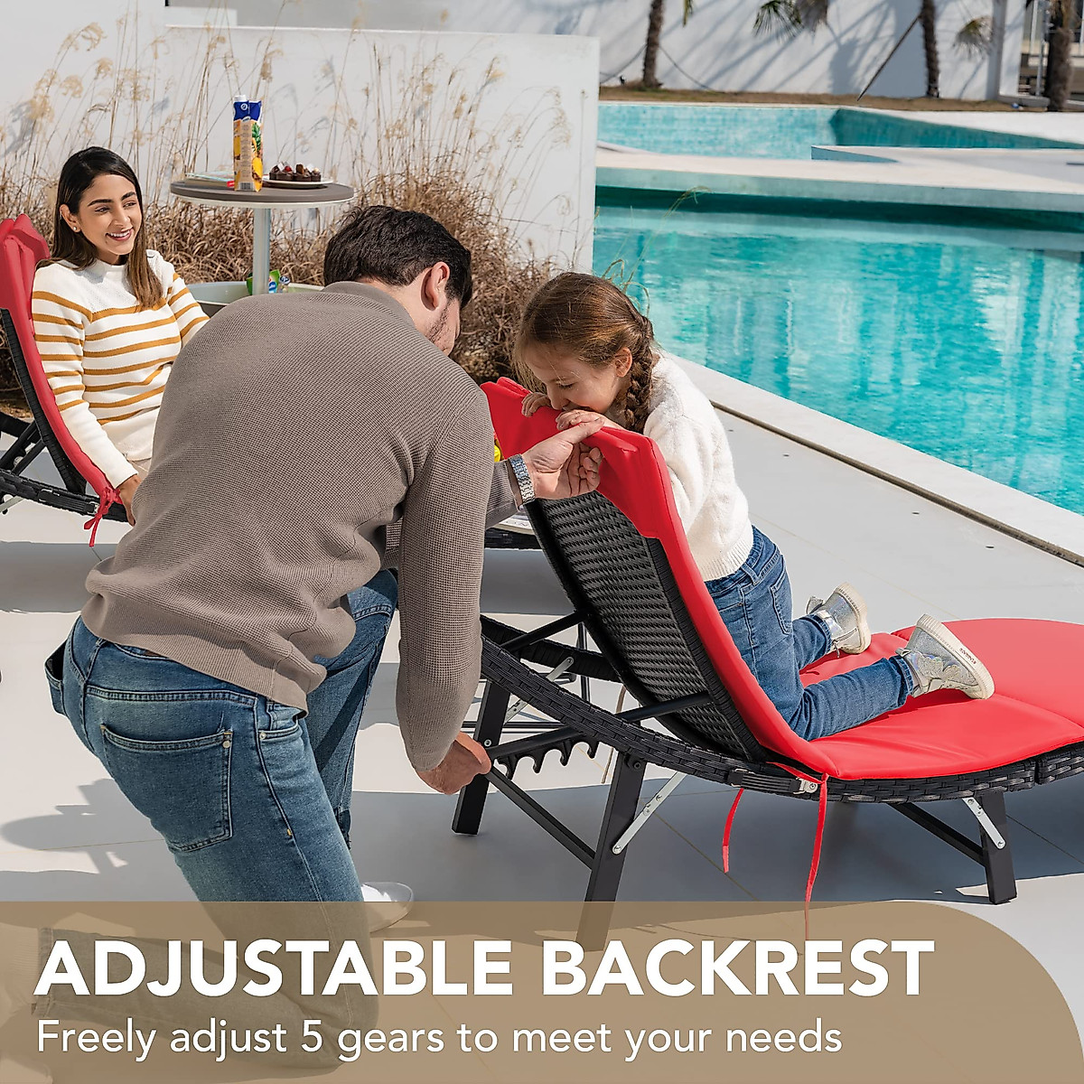 Devoko Patio Chaise Lounge Sets Outdoor Rattan Adjustable Back 3 Pieces Cushioned Patio Folding Chaise Lounge with Folding Table (Red)