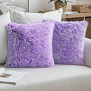 MIULEE Pack of 2 Ultra Soft Fluffy Throw Pillow Covers Decorative Plush Shaggy Double-Sided Faux Fur Pillow Cases Cushions Covers for Sofa Bedroom Car 20x20 Inch Purple Ombre